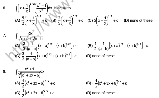 JEE Mathematics Indefinite Integrals MCQs Set A with Answers